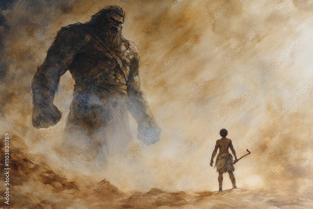 David, the young warrior, facing the giant Goliath in an ancient ...