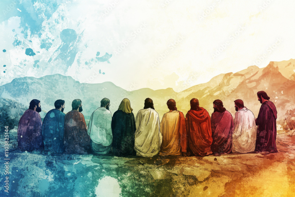 A digital watercolor illustration of the twelve disciples gathered ...