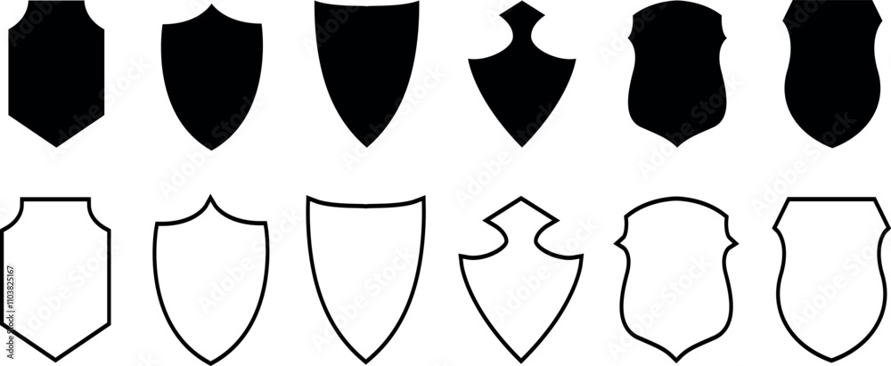Shield icon set. Black knight award contours and linear signs. Protect ...