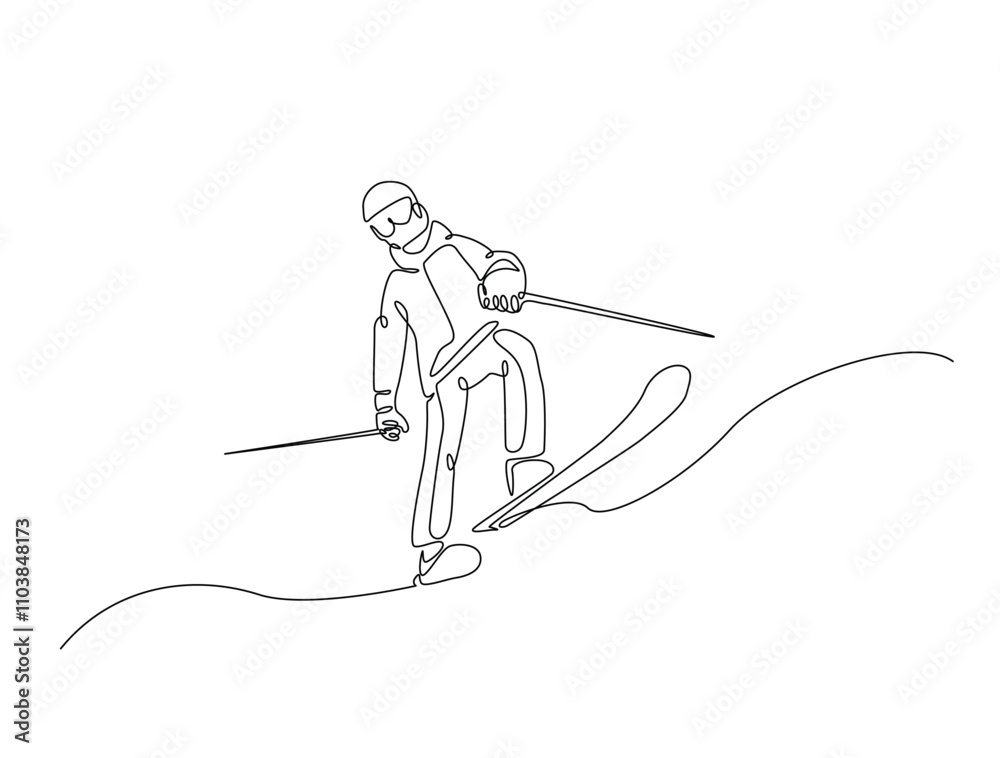 Continuous line drawing art of ski winter sports. Ski sport in single ...