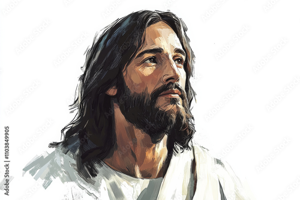 A digitally drawn illustration of Jesus Christ, depicted in a peaceful ...