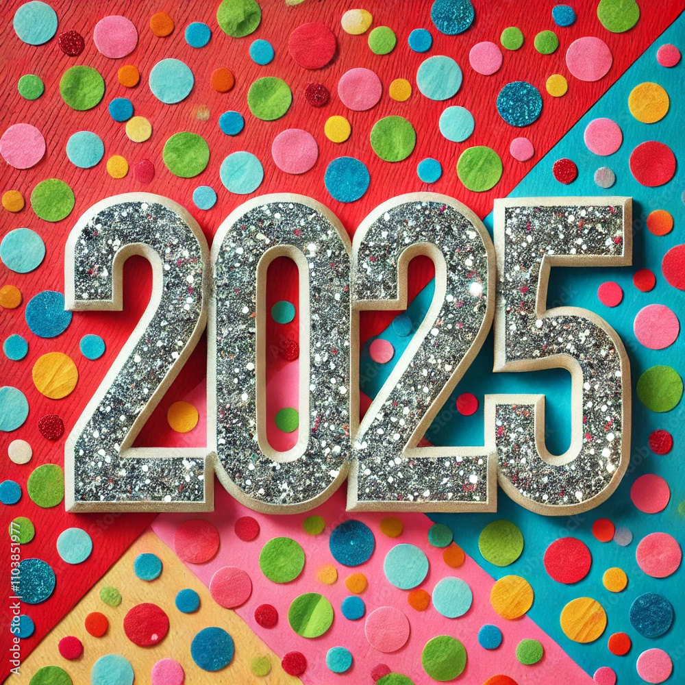 Sparkling Silver 2025 Design with Colorful Confetti Background Stock ...