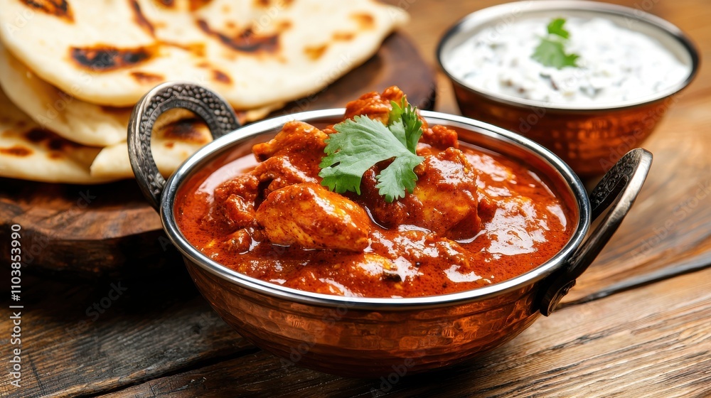 Traditional Indian Chicken Curry with Naan Bread and Raita Sauce Indian ...