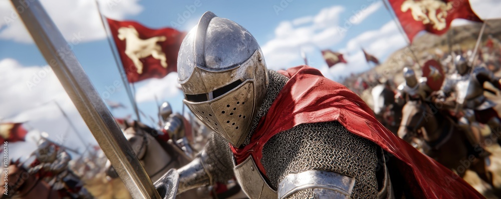 A knight in shining armor leads a battle, wielding a sword with a ...