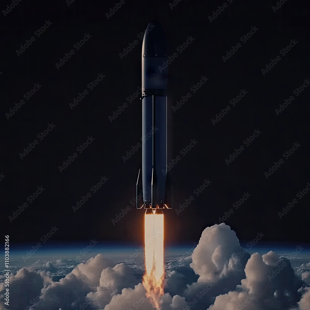 futuristic rocket launches into the night sky, leaving a fiery trail as ...
