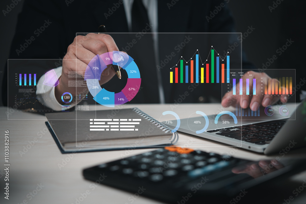 Businessman data analyzing digital graphs, charts, and marketing big data with futuristic ...