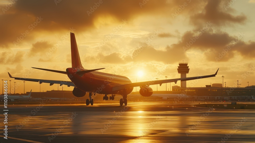 Sunset Over Airport Runway with Airplane Taking Off Against Glowing ...