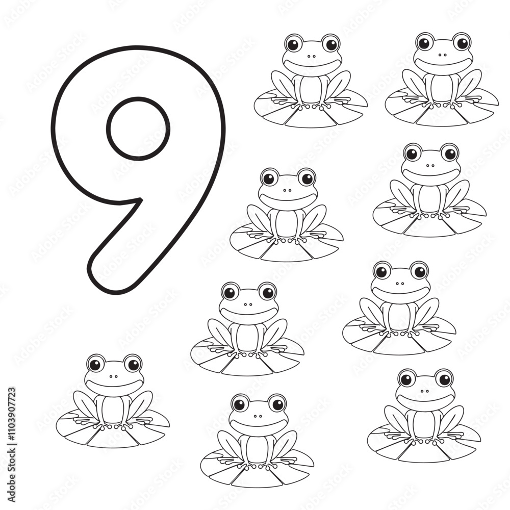coloring page, number 9, frogs, outline, kids, education, activity ...