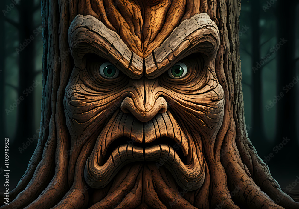 Angry Mad Face in Tree Trunk Bark, Close up Vibrant Wood, Wooden Grain ...