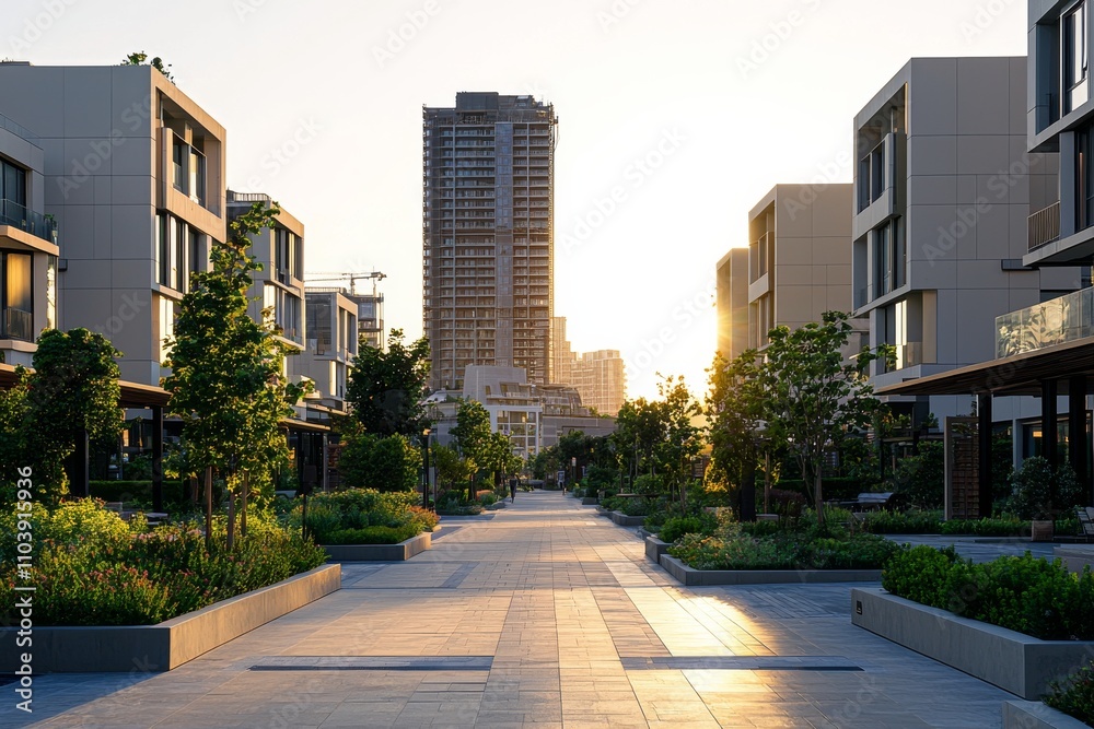 A sleek mixed-use development, modern minimalist design with a ...