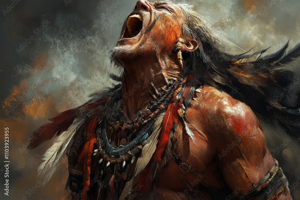 Powerful portrait of a native american warrior screaming, wearing ...