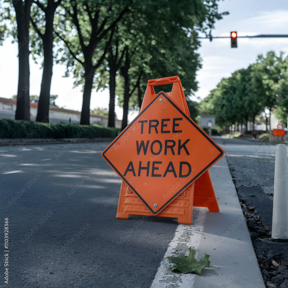 Outdoor scene with a TREE WORK AHEAD sign, nature, and roadside ...