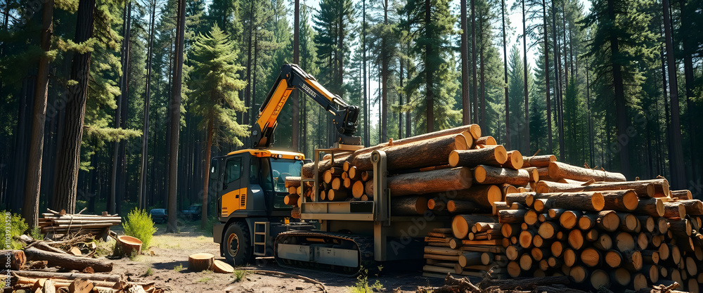 Log Truck in Forest: Forwarder Collecting and Transporting Timber in a ...