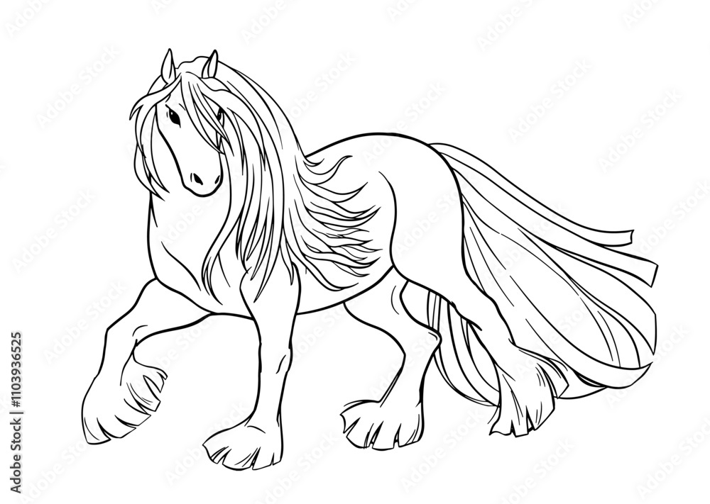 Vector illustration of Gypsy Vanner horse. Black outline on white ...