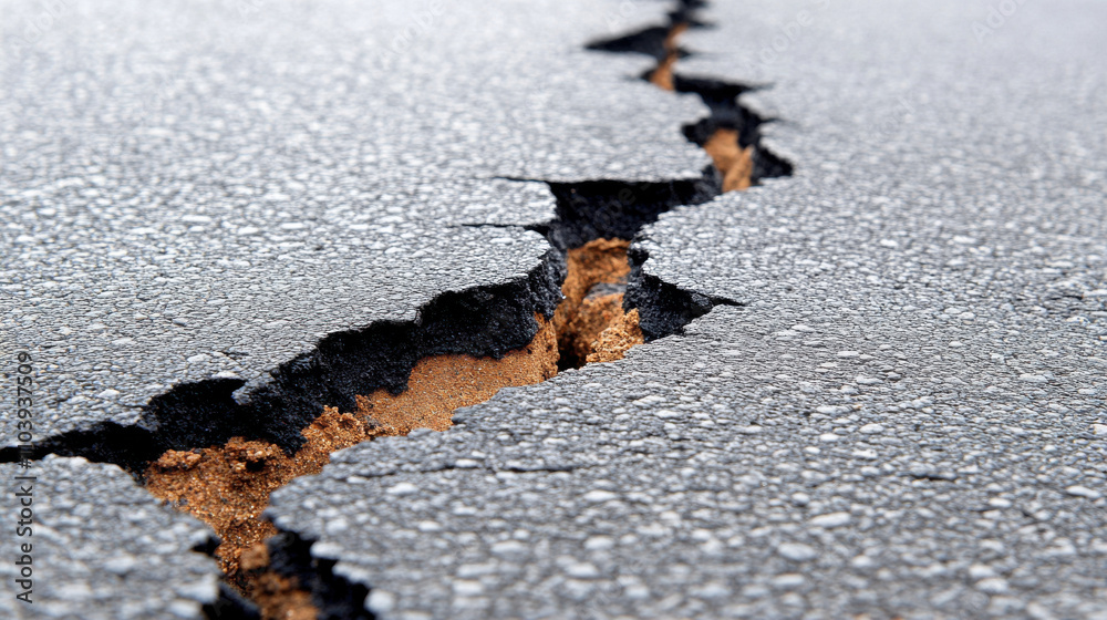 Cracked asphalt pavement revealing soil underneath, showcasing nature ...