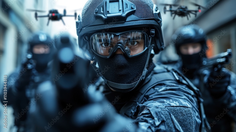 This dynamic image captures a tactical response team equipped and ready ...