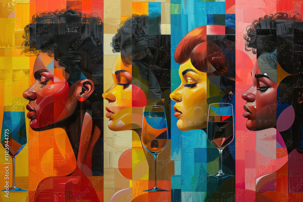 four female profiles located next to each other. Each face is rendered ...