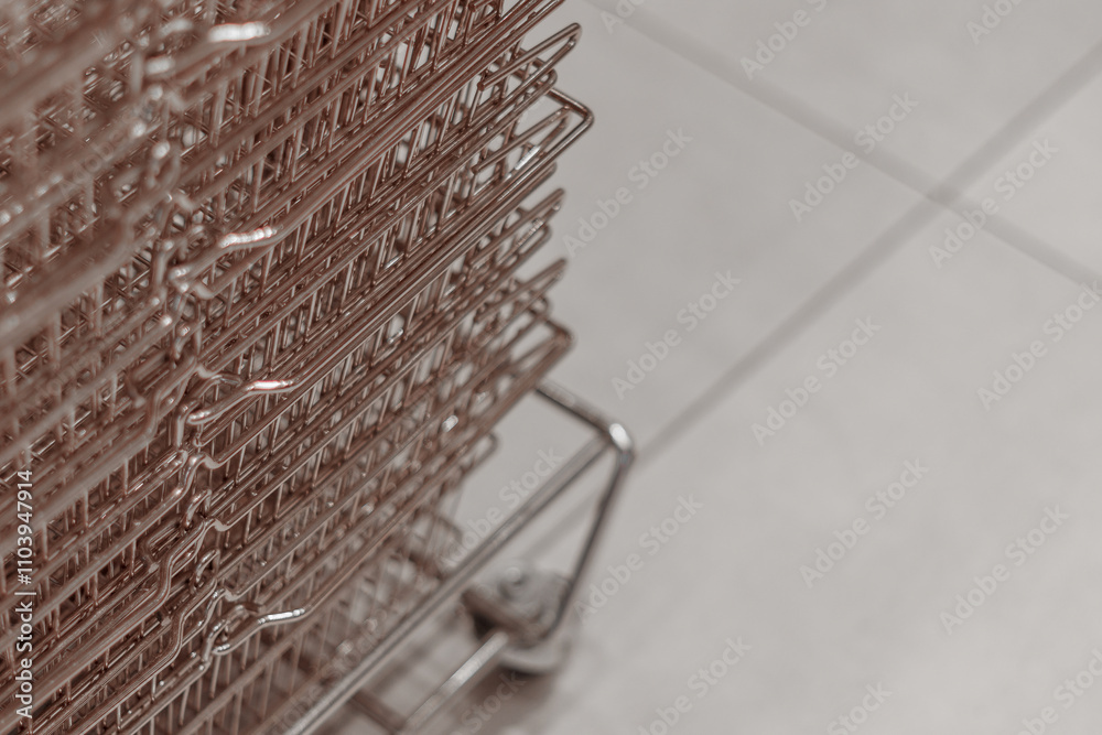 Store baskets are stacked in a pile formed by a metal wire mesh Stock ...
