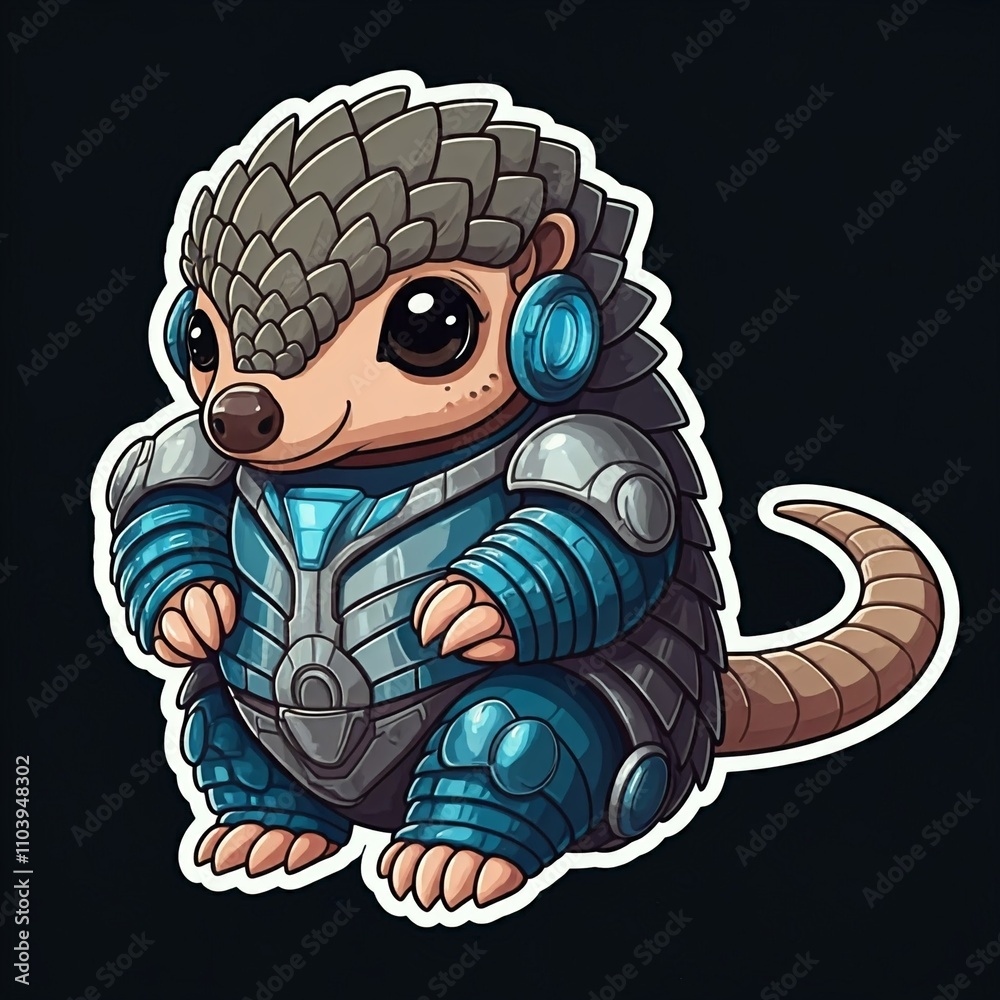 A chibi pangolin superhero in silver and blue armor, with sleek, shiny ...