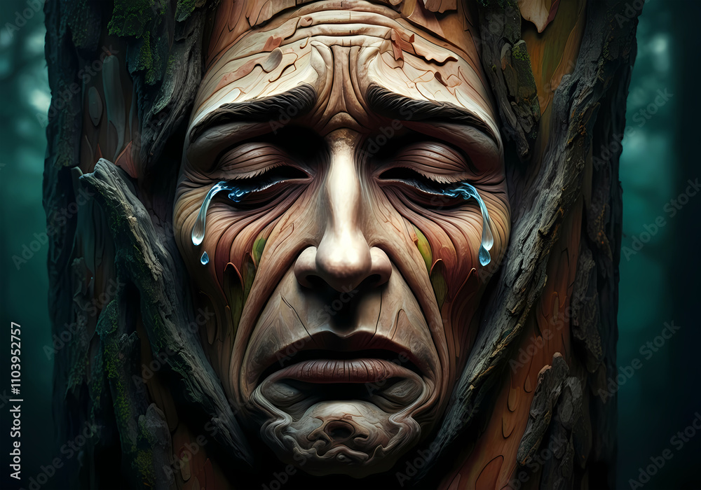Crying Cry Sad Face in Tree Trunk Bark, Close up Vibrant Wood, Wooden ...