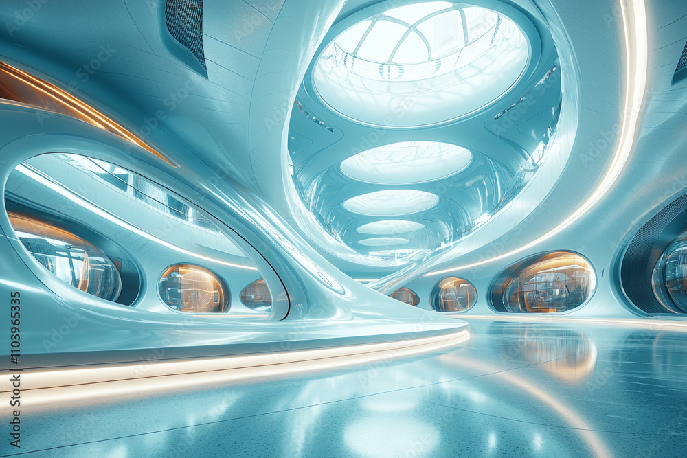 interior showcases futuristic museum design characterized smooth curves ...