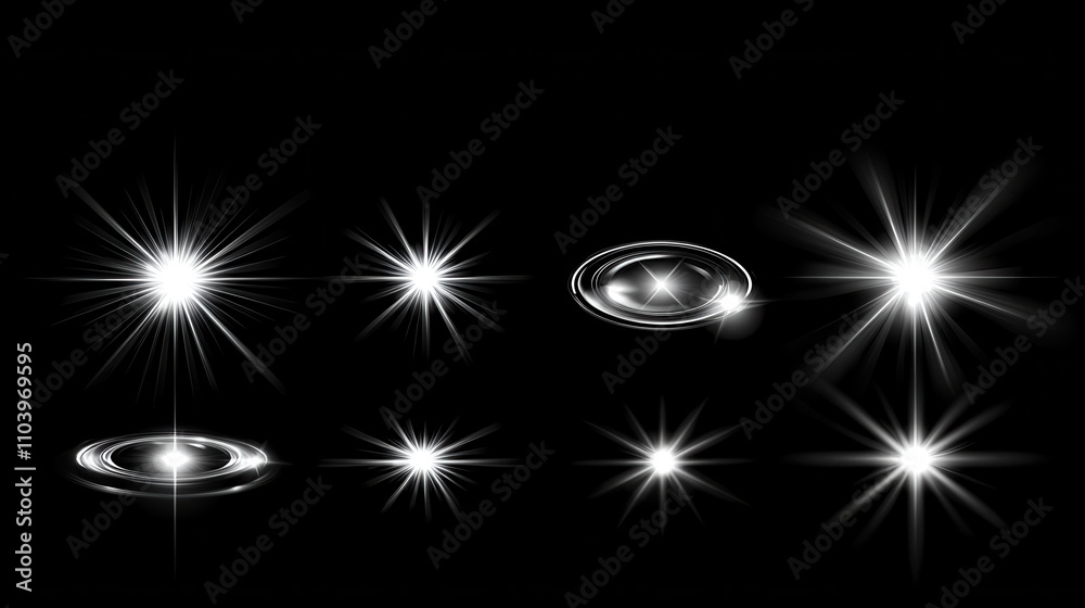 Bright light lens flares with various shapes and sizes on black ...