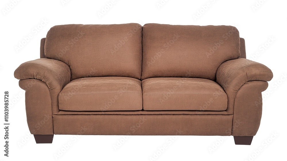 Plush brown fabric sofa with overstuffed arms image isolated ...