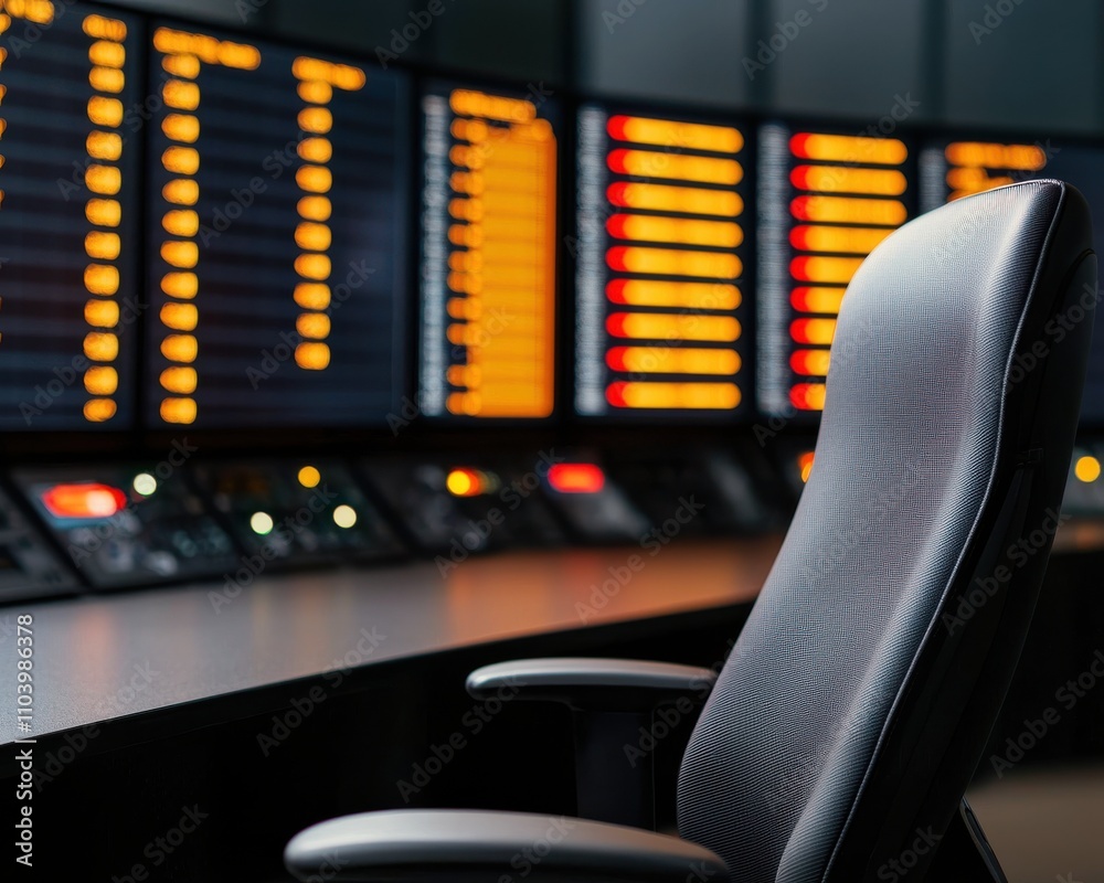 A sleek office chair in front of a high-tech control panel with ...