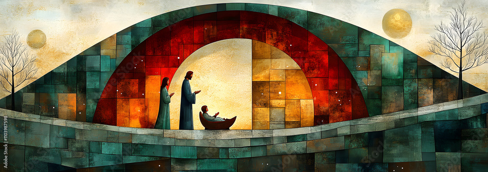Abstract illustration of the Nativity scene with Mary and Joseph ...