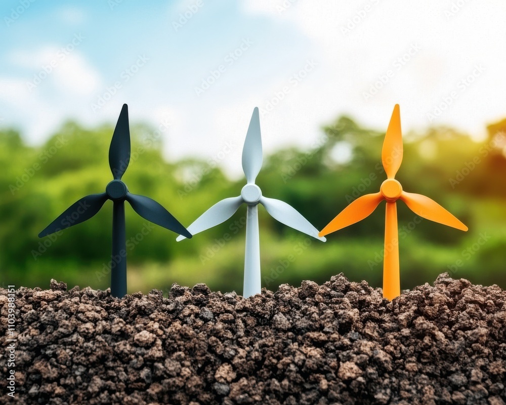 Three miniature wind turbines in black, white, and orange stand atop ...