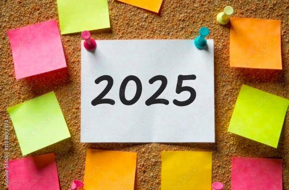 Sticky notes in vibrant colors surround a prominent display of the year ...