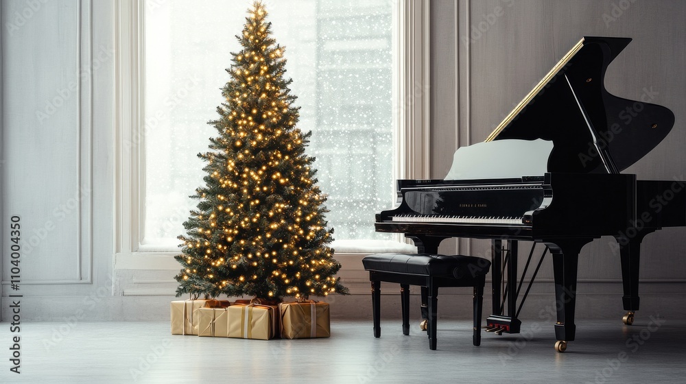 Elegant Christmas Scene with a Festively Decorated Pine Tree and a ...