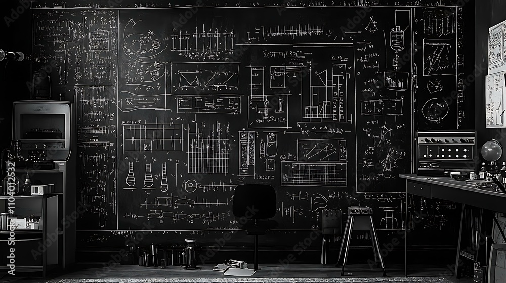 Blackboard with intricate drawings of chemistry formulas and physics ...