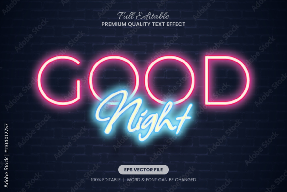 Neon Good Night editable text effect, font graphic style with glowing ...