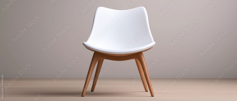 white chair with wooden legs. The chair has a modern design with a ...