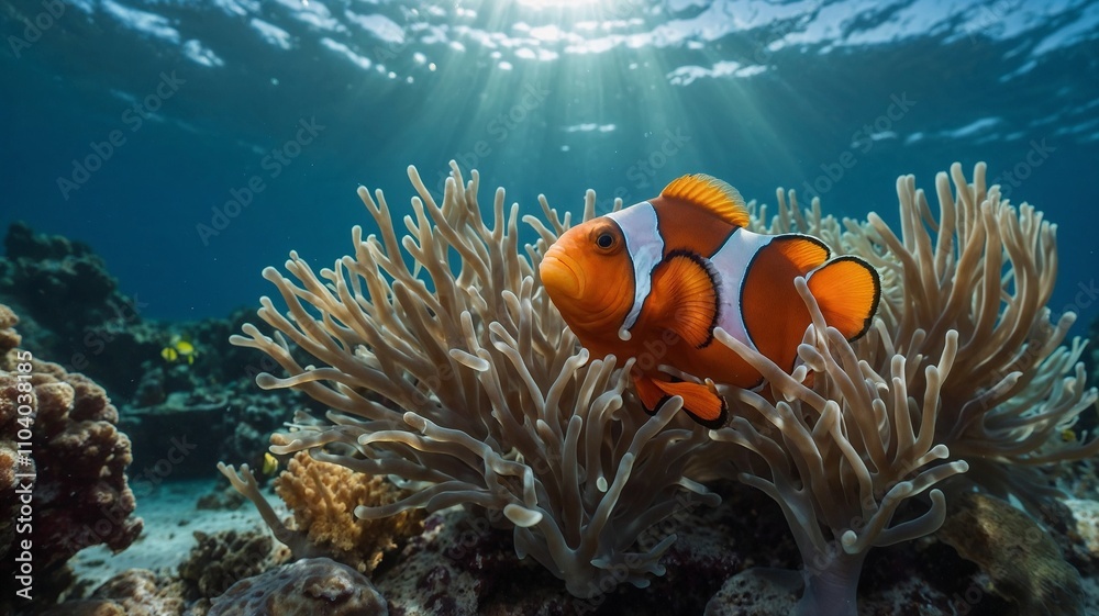 Vibrant clownfish nestled in a sea anemone, sunlit underwater scene ...