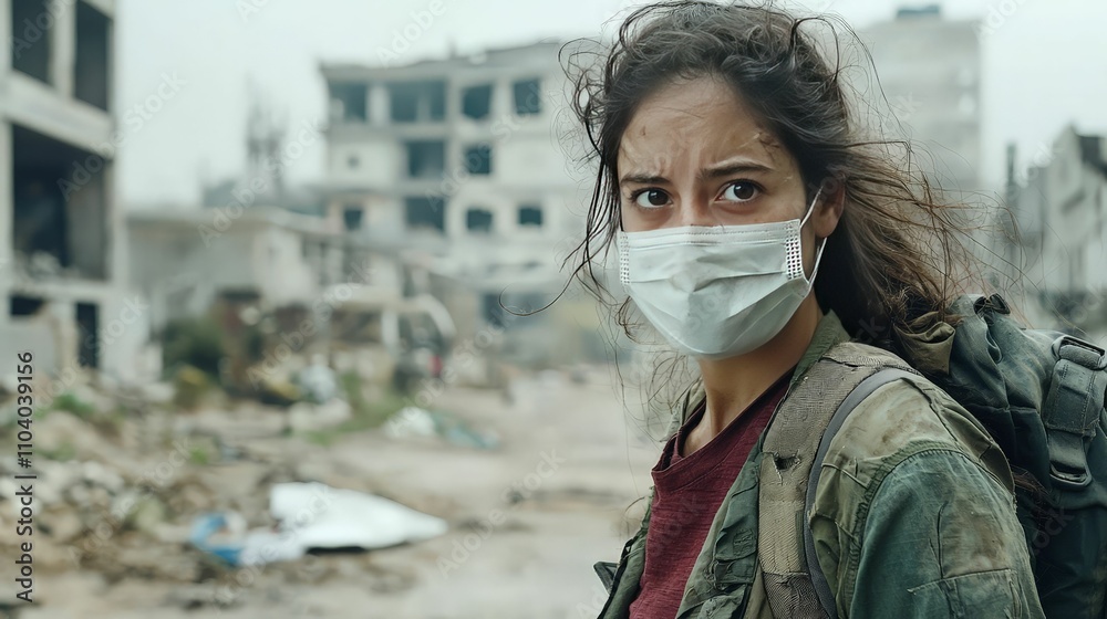 dystopia society concept. A young woman wearing a mask stands amidst a ...