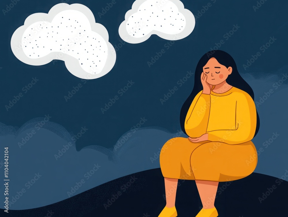 Thoughtful woman in yellow clothing sitting alone under cloudy sky ...