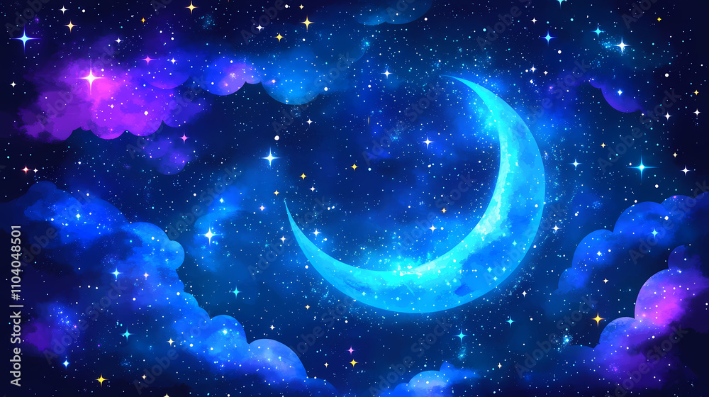 Deep blue space background with purple stars and a crescent moon ...