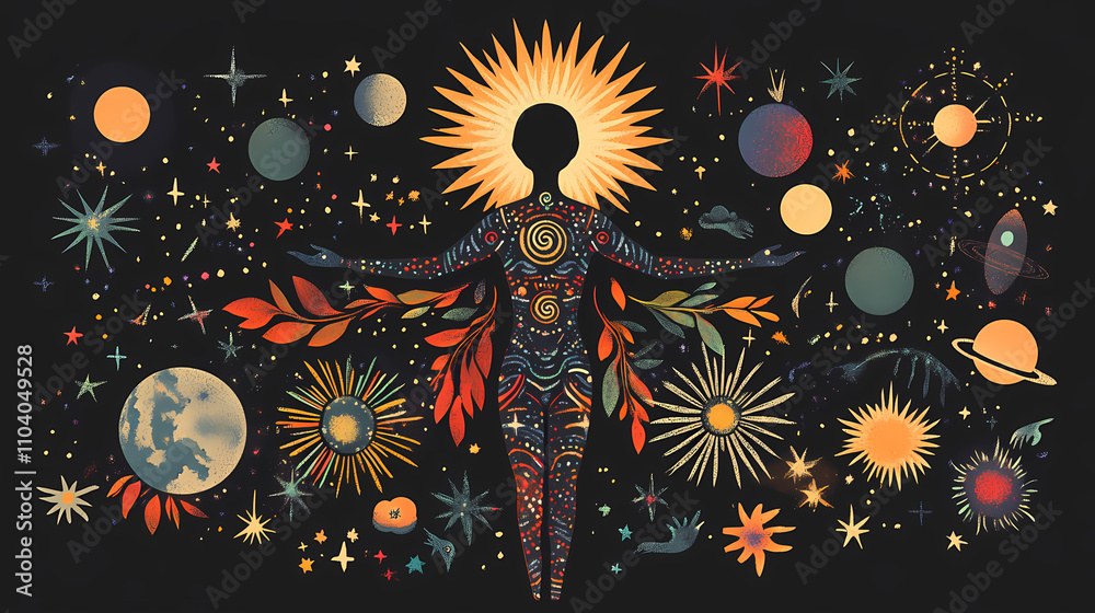 Spiritual evolution depicted with chakras, planets, and stars in esoteric full-body artwork ...