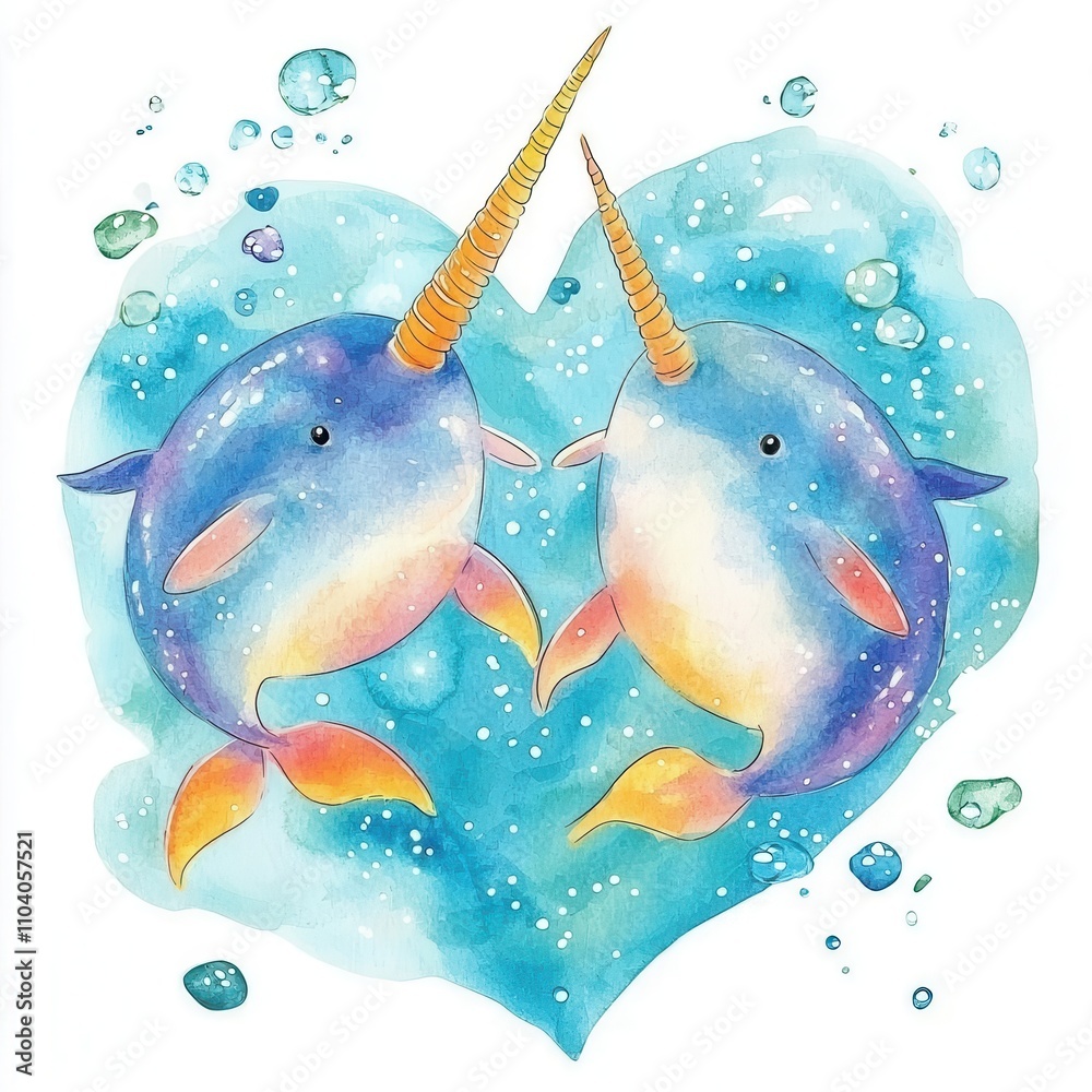Watercolor illustration clipart of two narwhals swimming in a heart ...