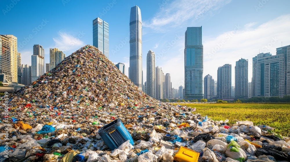 dystopia society concept. A vast pile of garbage contrasts sharply with ...