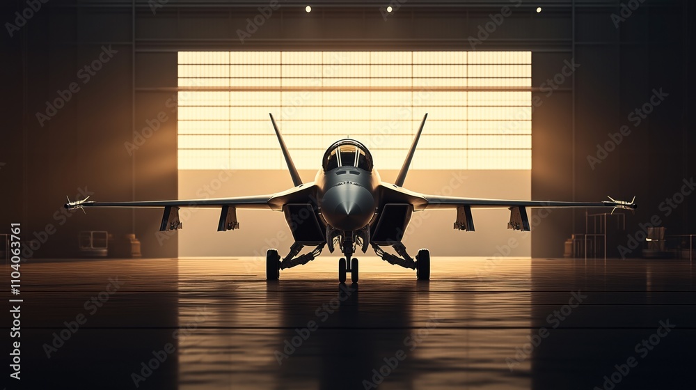 Front view of a modern fighter jet aircraft inside an aircraft hangar ...