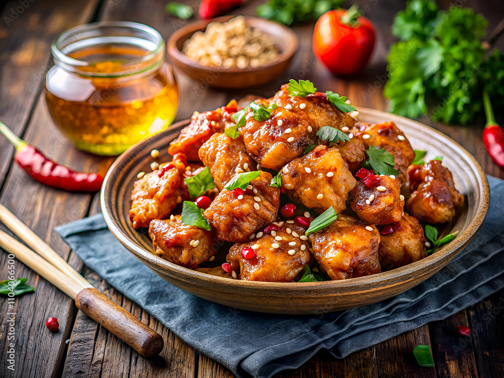 Delicious crispy, sweet, and spicy hot honey chicken. Food background ...