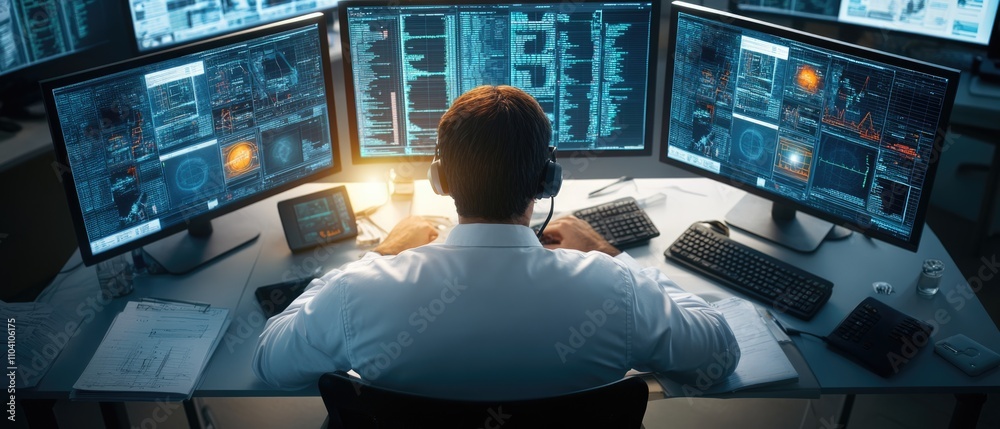 Forensic expert. Digital workstation showing a forensic expert ...