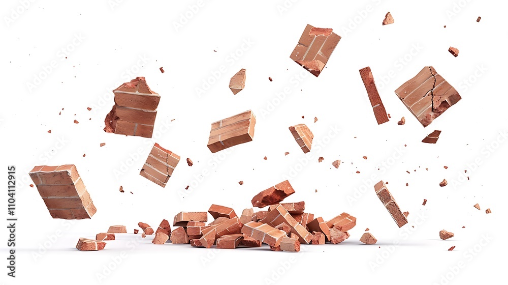 Flying Pieces of Broken Bricks on a White Background, Depicting the ...