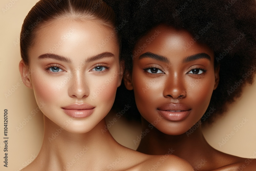 A digital image displaying two models with diverse skin tones ...