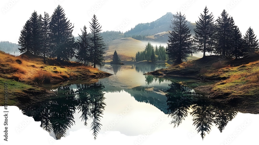 A serene Deer Antler Lake scene at golden hour, the deer-head shape of ...