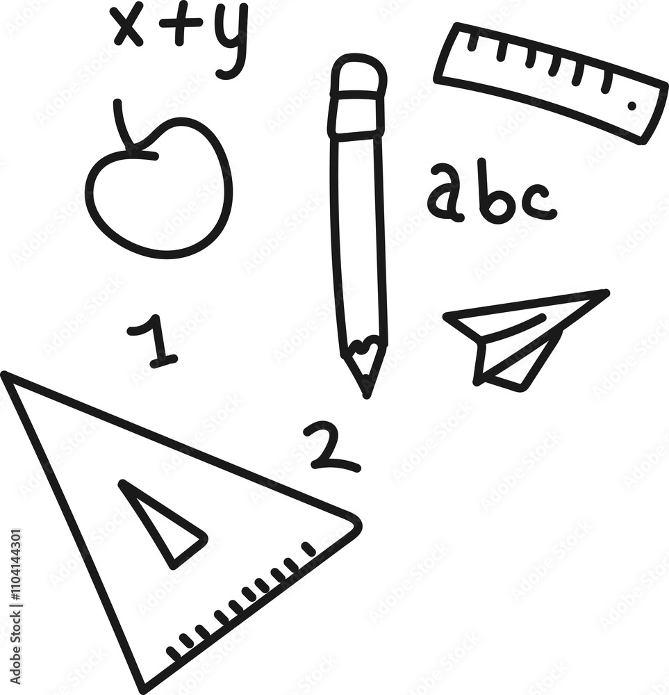 Illustration of various school elements including a set square, pencil, paper rocket, ruler, x+y ...