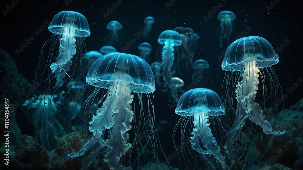 Stunning underwater shot of multiple jellyfish gracefully swimming in ...